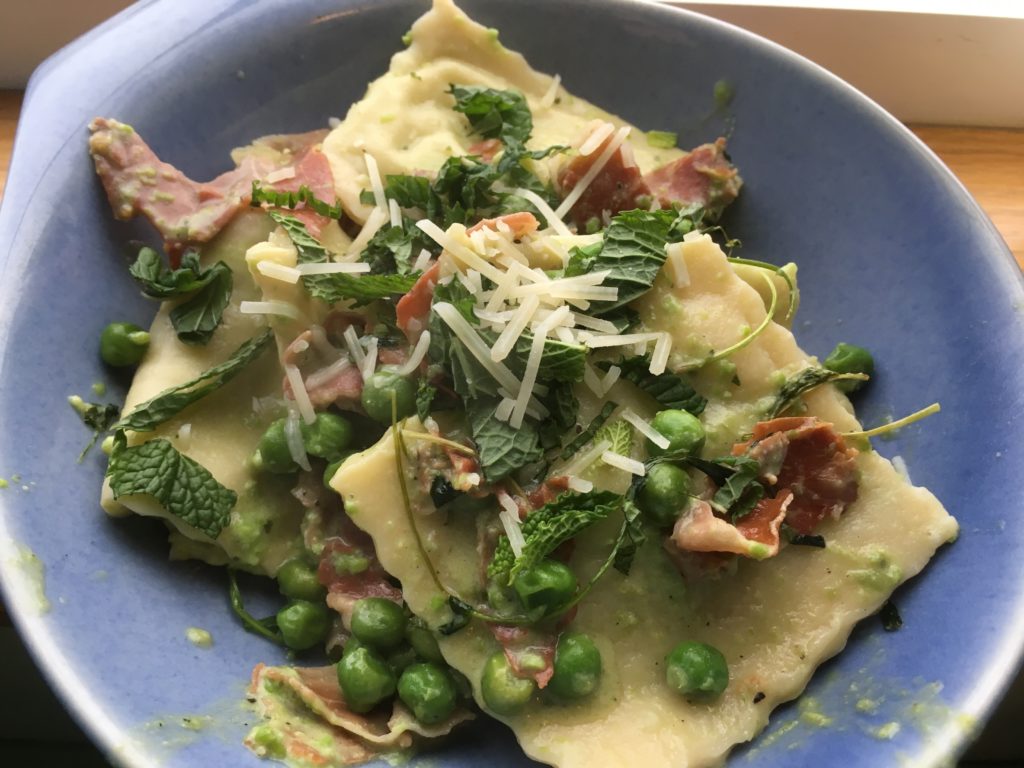 Spring Pea Ravioli with Prosciutto and Pea Shoots - 1000 Stone Farm